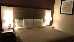 Quarto de hotel com uma cama grande, duas luminárias de cabeceira, mesa de cabeceira com telefone e um quadro na parede.