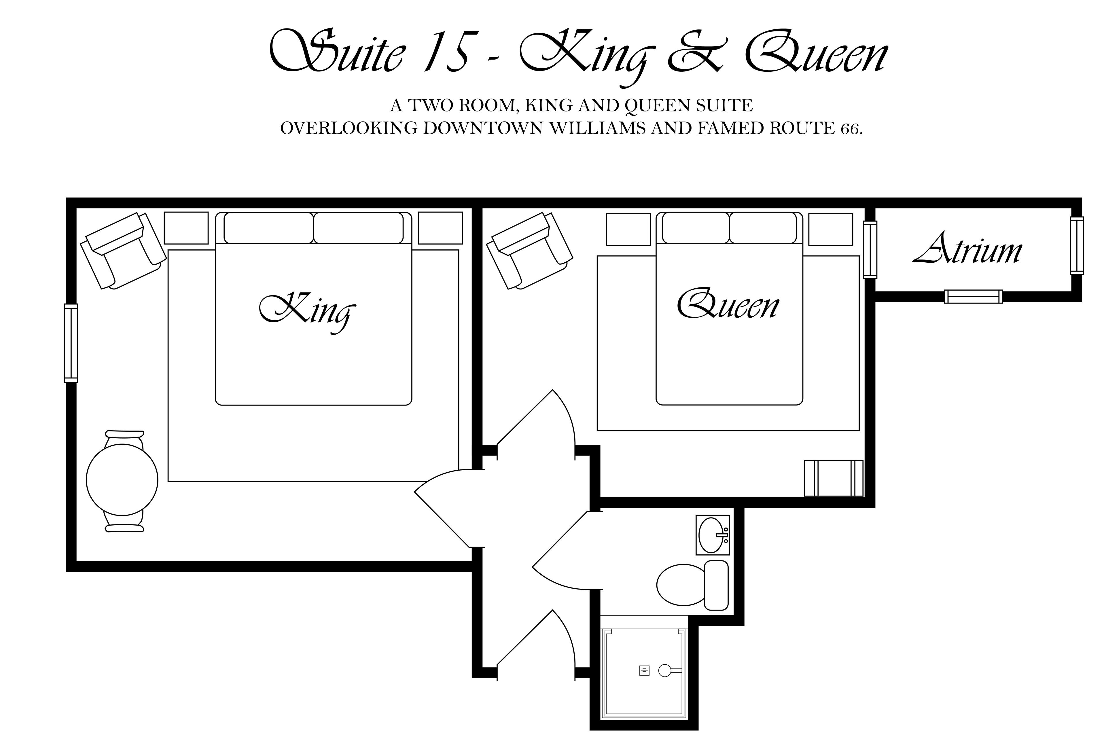Planta baixa da suíte 15, identificada como 'King & Queen', localizada em uma suíte de dois quartos com vista para Downtown Williams e Family Route 66.