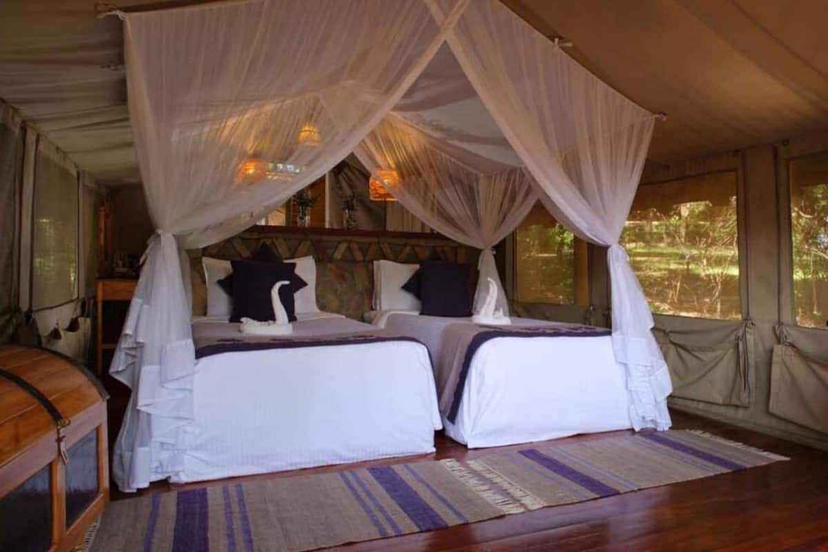 Quarto com cama de dossel, duas almofadas, mesa de cabeceira e janela.