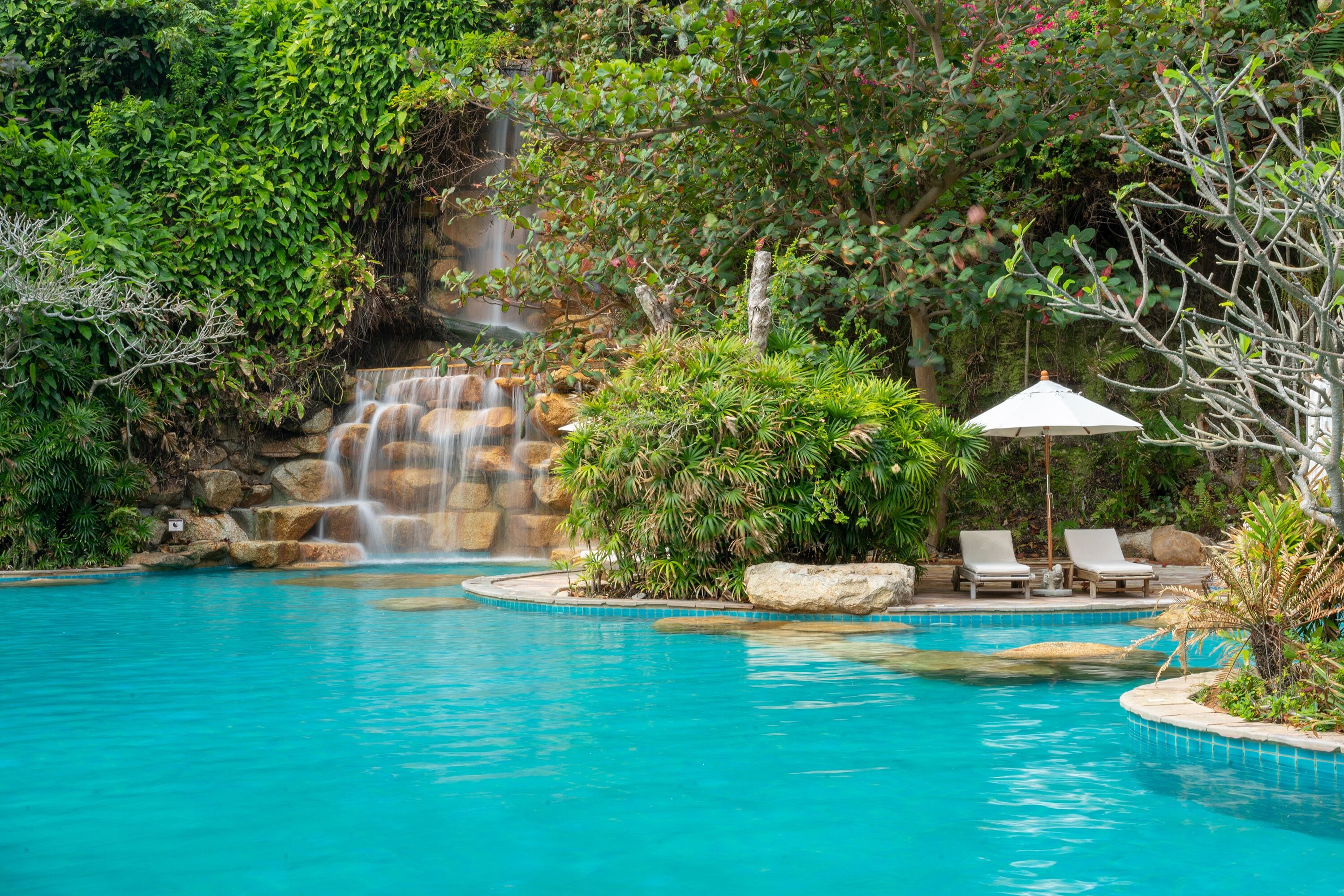 Piscina com cascata, rodeada por vegetação exuberante e área de estar com cadeiras e guarda-sol.