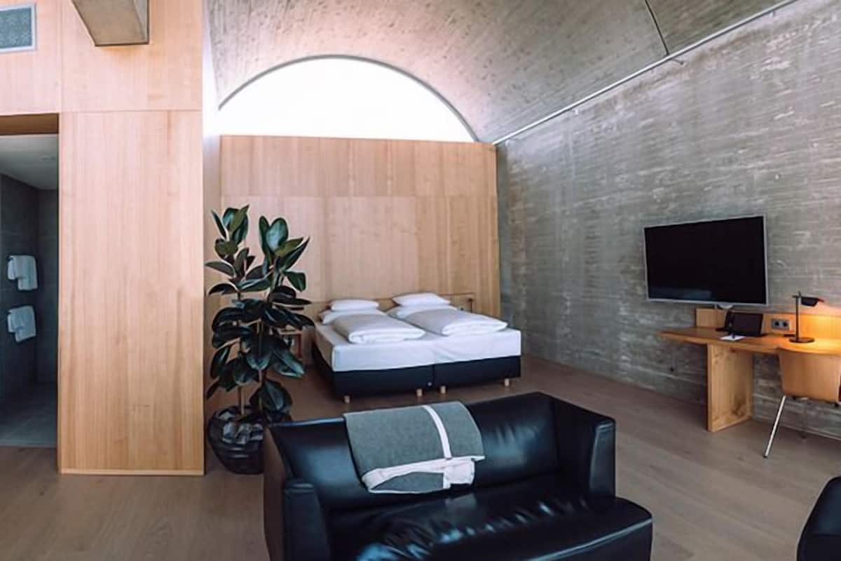 Quarto moderno com cama, escrivaninha, televisão e um vaso de planta.