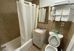 Uma combinação polibã/banheira, um secador de cabelo 