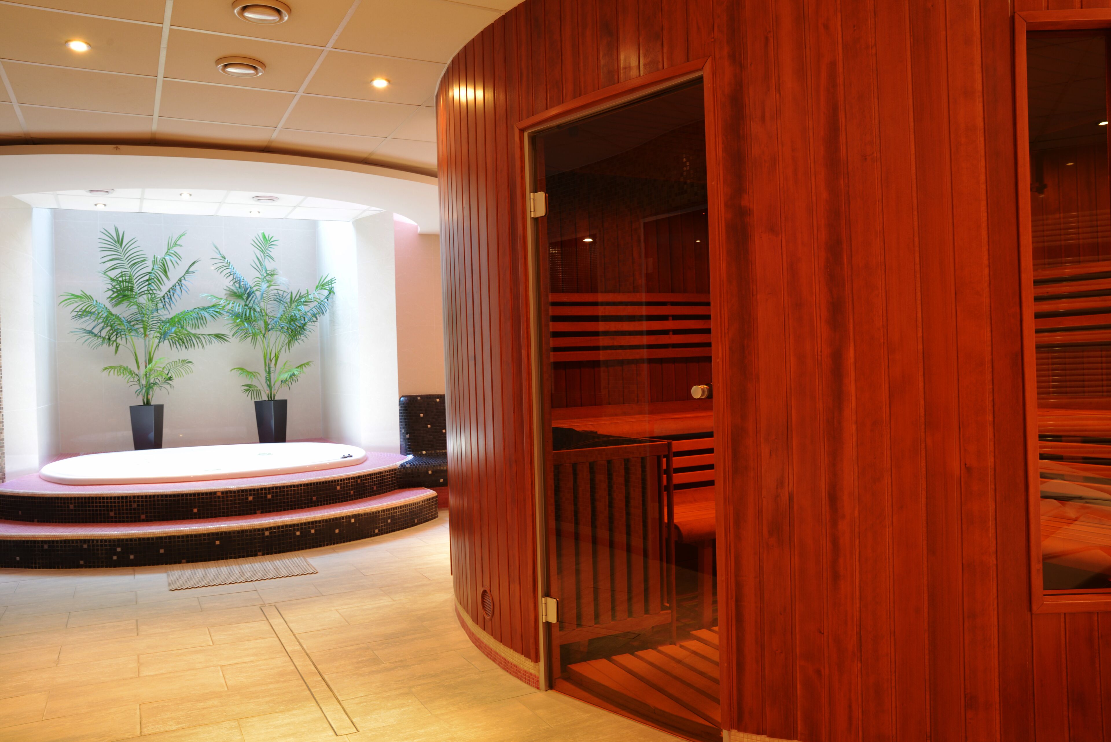 Uma área de spa com parede de madeira, um pequeno palco com plantas e um espaço de estar com um banco.