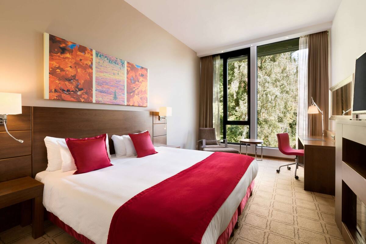 Quarto de hotel com uma cama grande, uma mesa, uma cadeira, uma televisão e uma janela com vista para árvores.