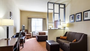 Quarto de hotel com cama, sofá, escrivaninha e televisão.