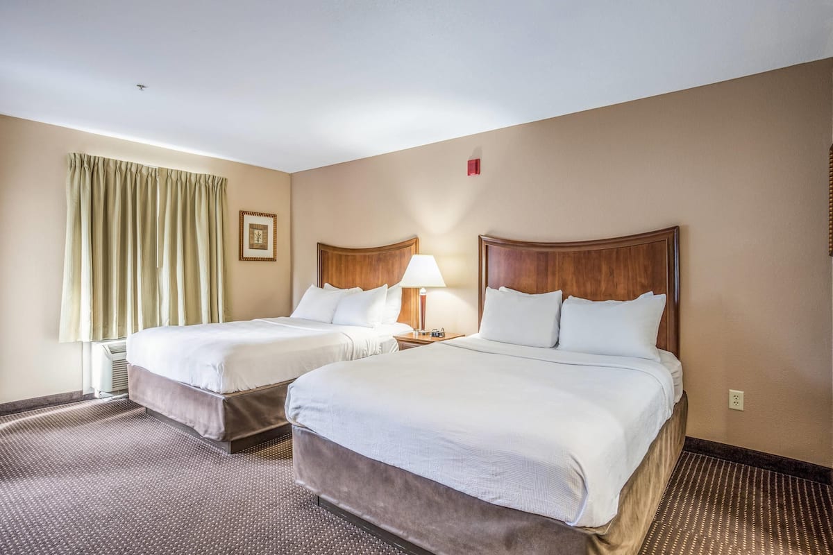 Quarto de hotel com duas camas, uma janela com cortinas, um abajur e um quadro na parede.