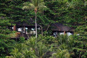 Um resort tropical com vários edifícios rodeados por vegetação exuberante e palmeiras.