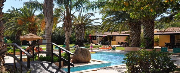 Área de piscina com palmeiras, cadeiras de sol e um deck de madeira.