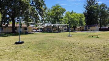 Uma quadra de voleibol com rede, árvores e casas ao fundo.