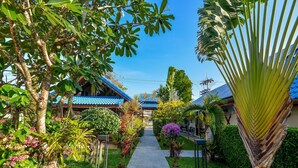 Uma trilha que leva a um edifício com telhado azul, cercado por vegetação exuberante e diversas plantas.