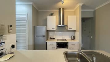 Apartamento Premium, 1 quarto, vista para o mar | Cozinha privada | Um frigorífico, um micro-ondas, uma placa de cozinha