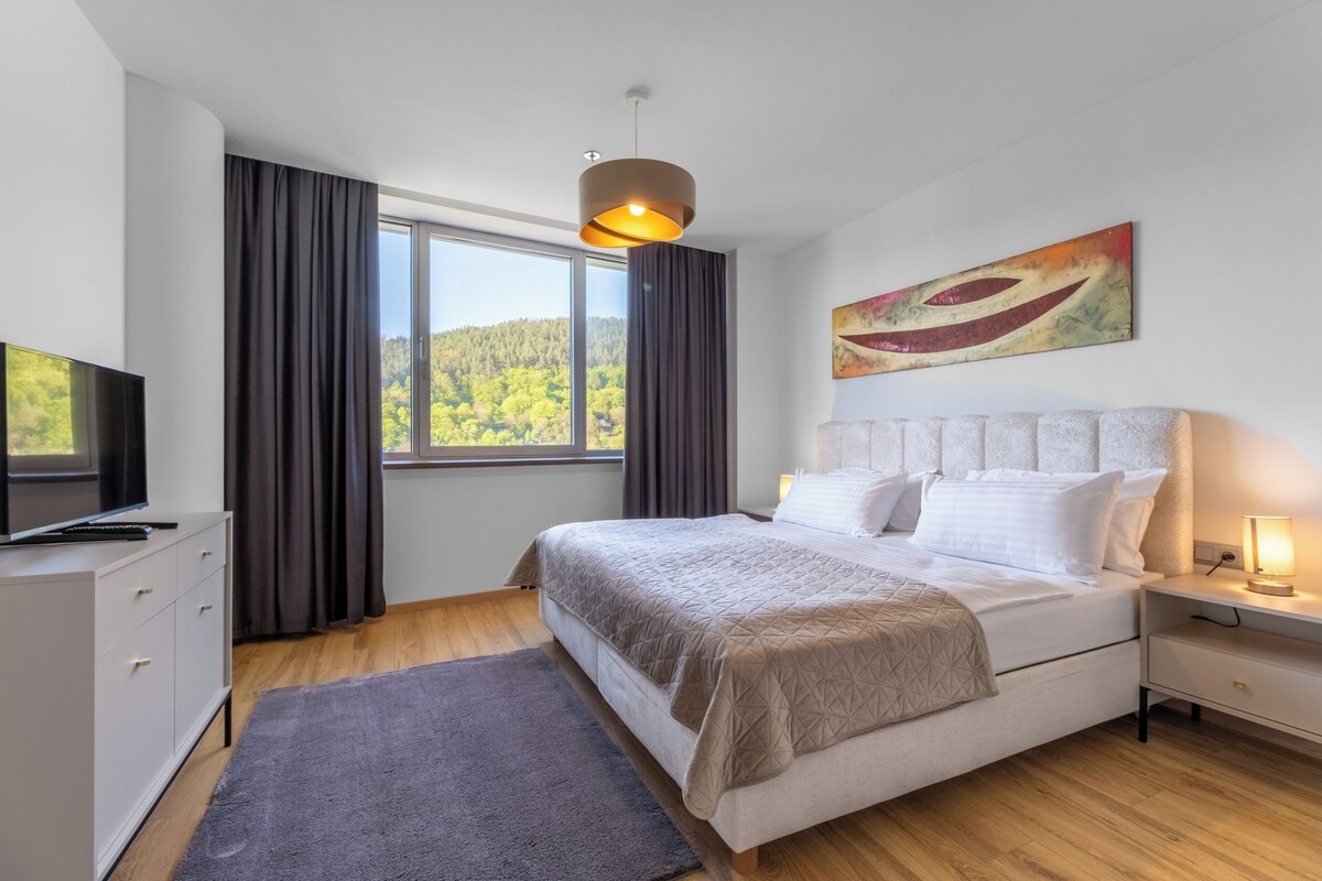 Quarto moderno com uma cama grande, televisão, pintura e vista para o exterior.