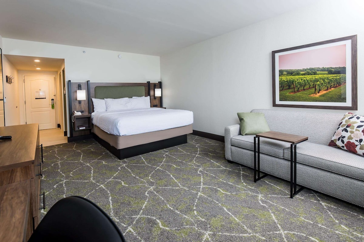 Quarto de hotel com uma cama, um sofá, uma mesa pequena e um quadro na parede.