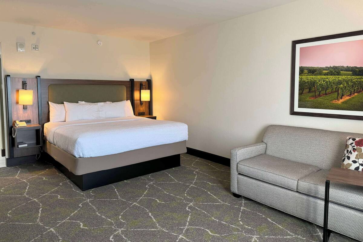 Quarto de hotel com cama, mesas de cabeceira, luminária, sofá e um quadro na parede.