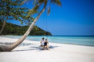 Um casal em um balanço na praia, sob uma palmeira.