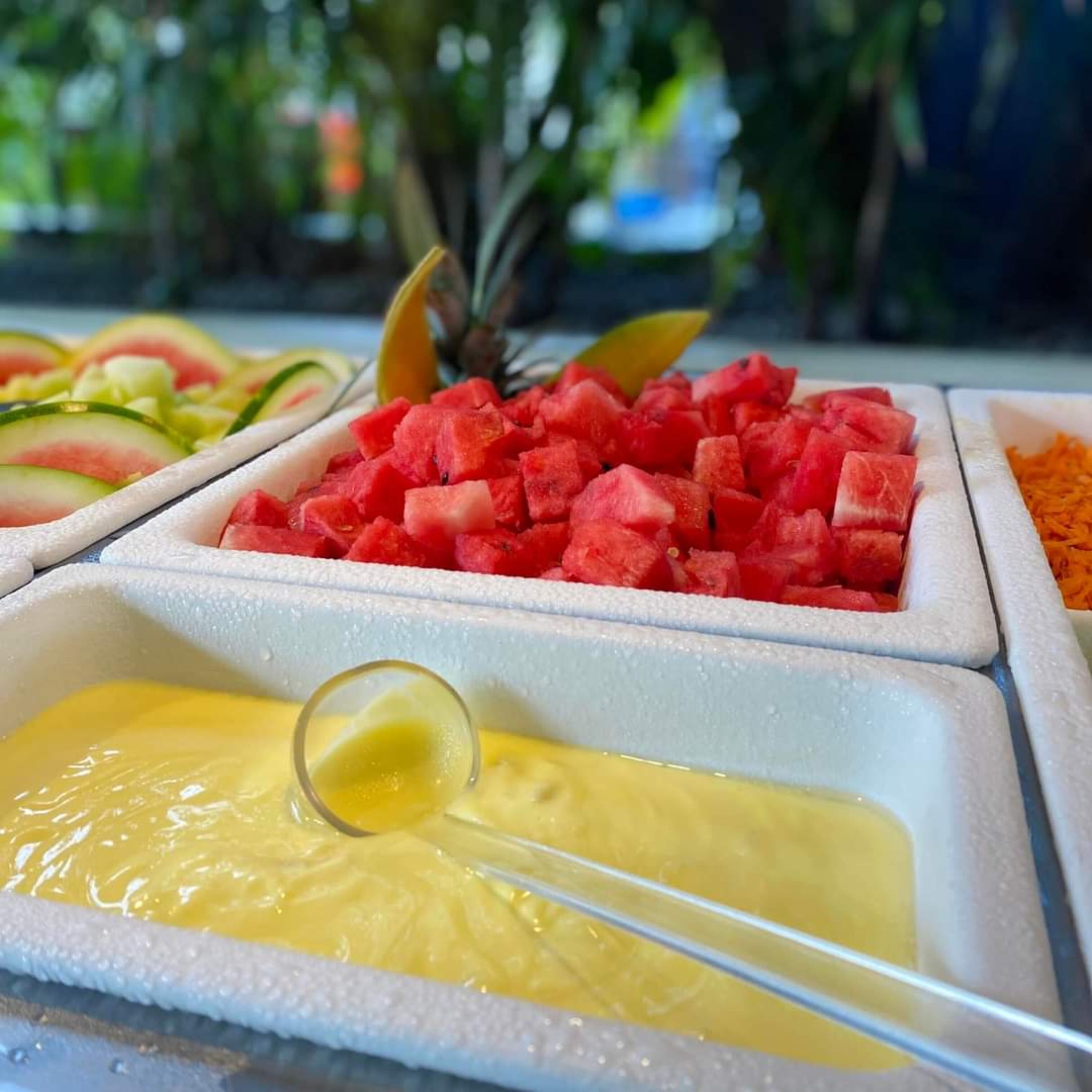 Buffet com diversos alimentos, incluindo melancia, queijo e outras frutas.