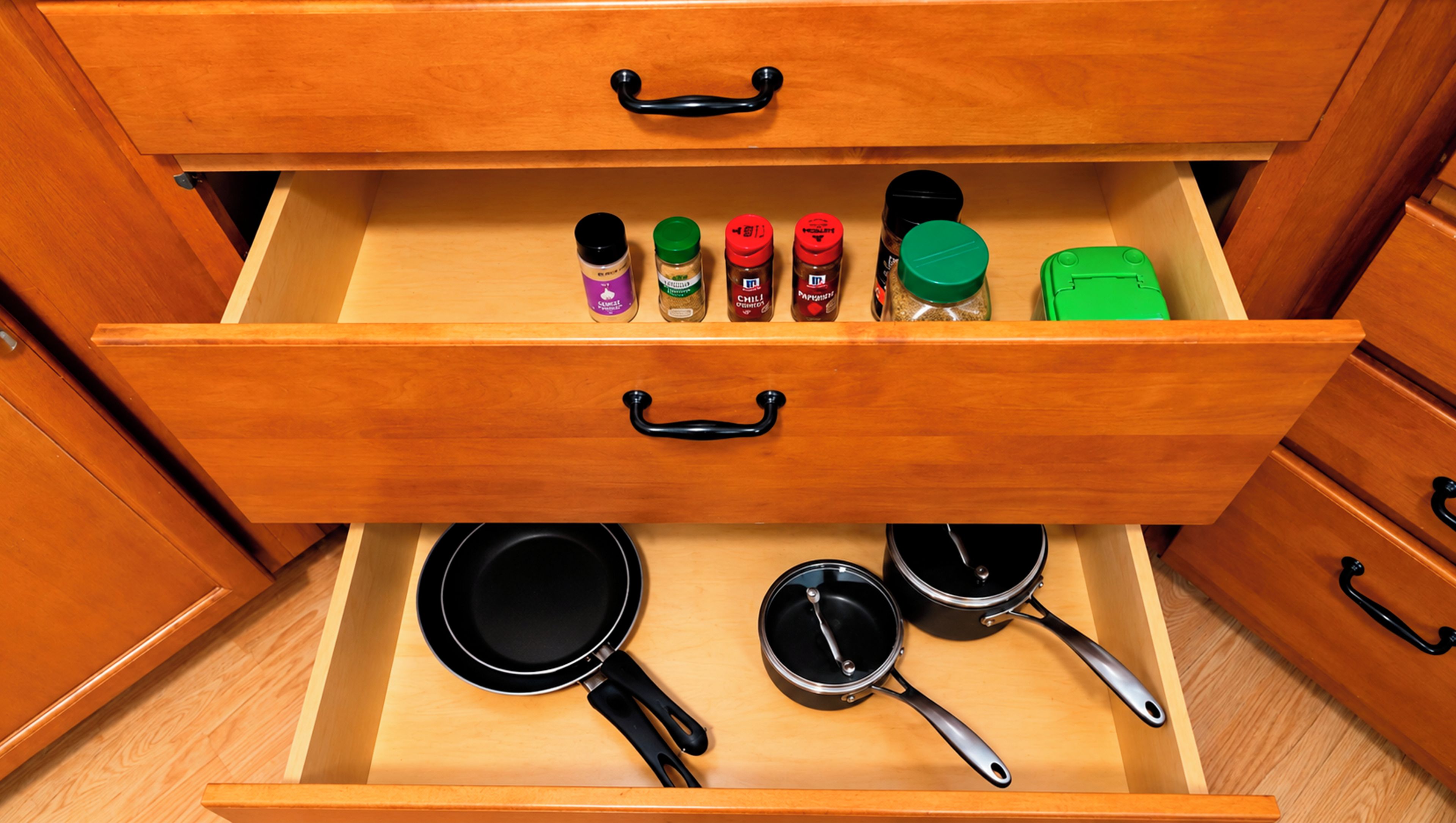Uma gaveta de cozinha com utensílios e recipientes de tempero.