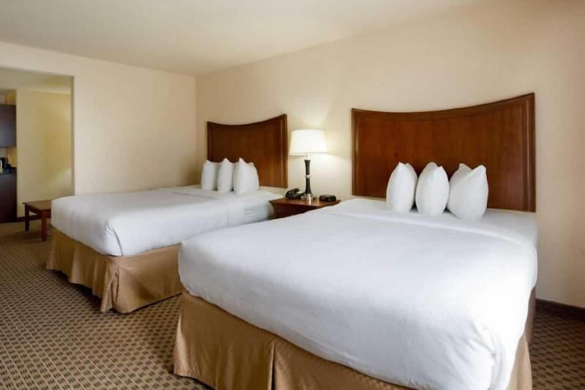 Quarto de hotel com duas camas, uma mesa de cabeceira com abajur e uma pequena escrivaninha com telefone.