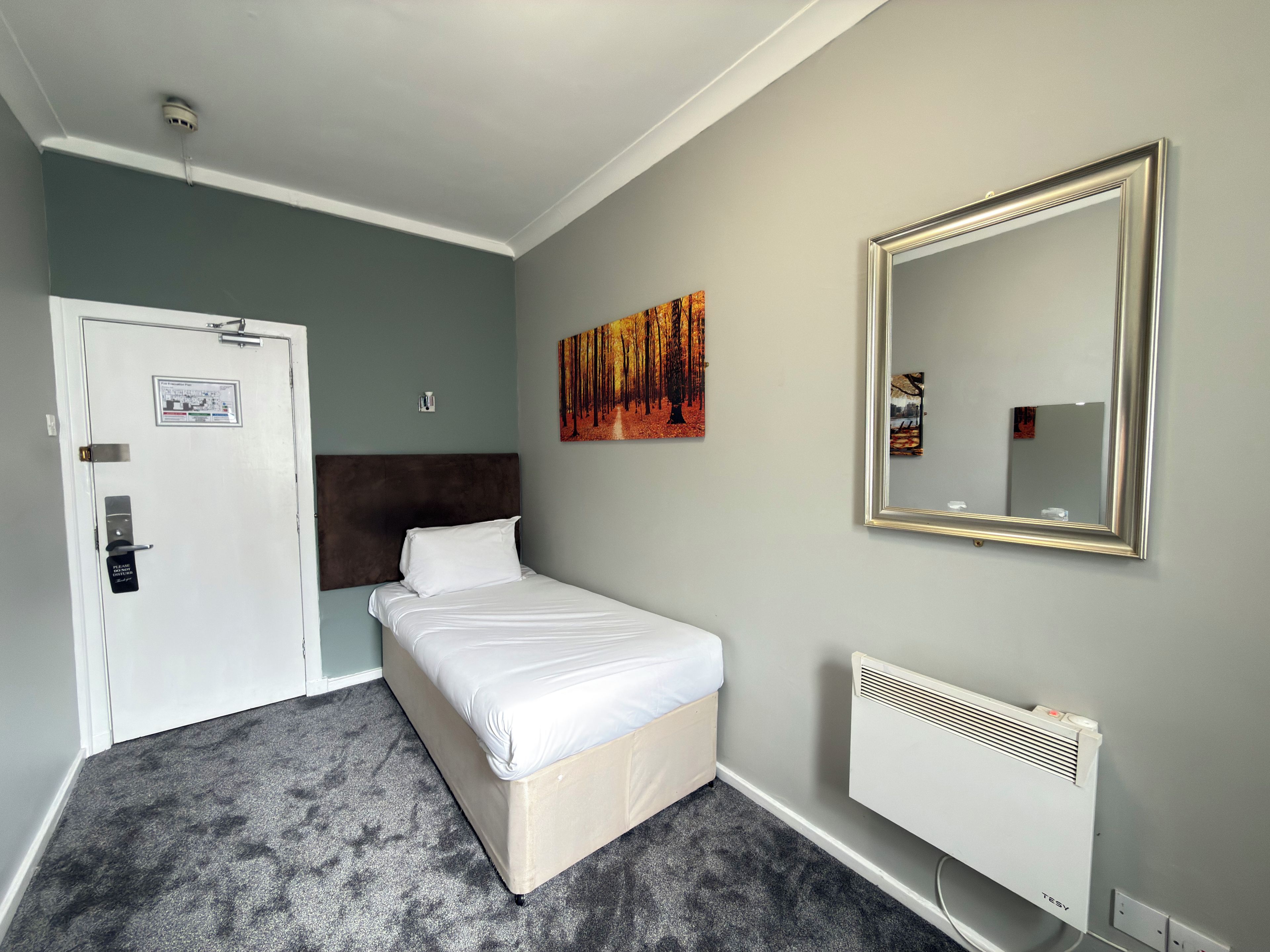 Quarto de hotel com cama, porta, radiador e um quadro na parede.
