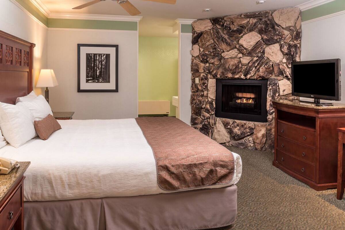 Quarto de hotel com cama, televisão, lareira e parede de pedra.