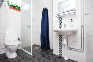 Chuveiro, secador de cabelo, toalhas de banho 