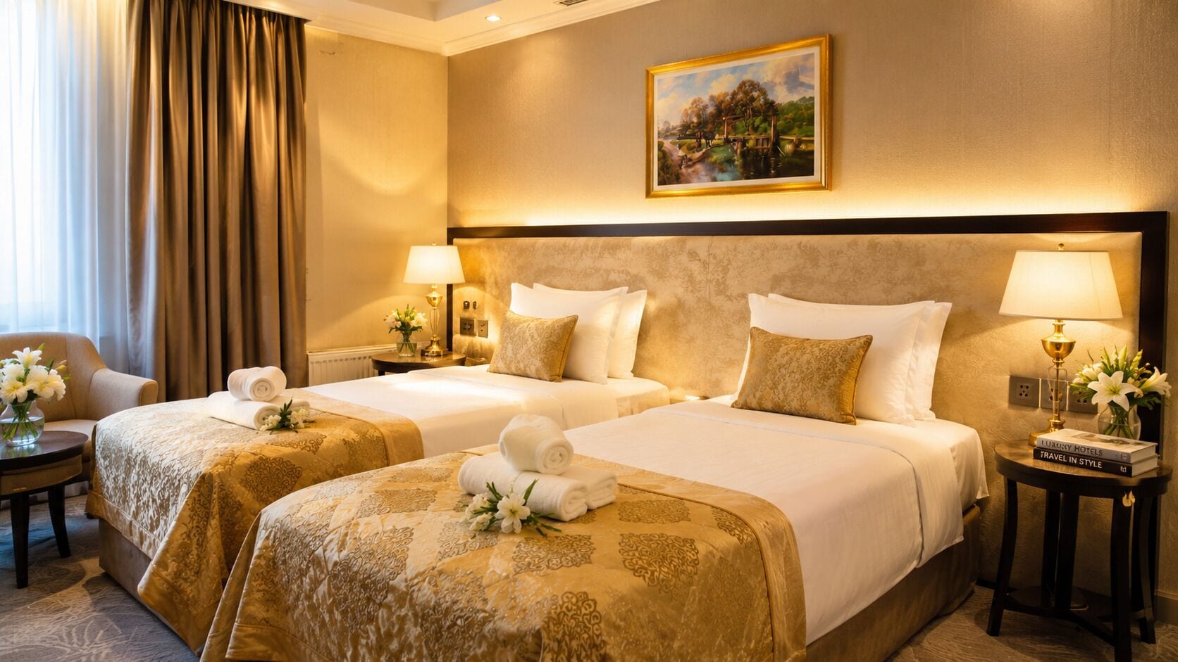 Roupa de alta qualidade, camas de colchão viscoelástico, minibar 