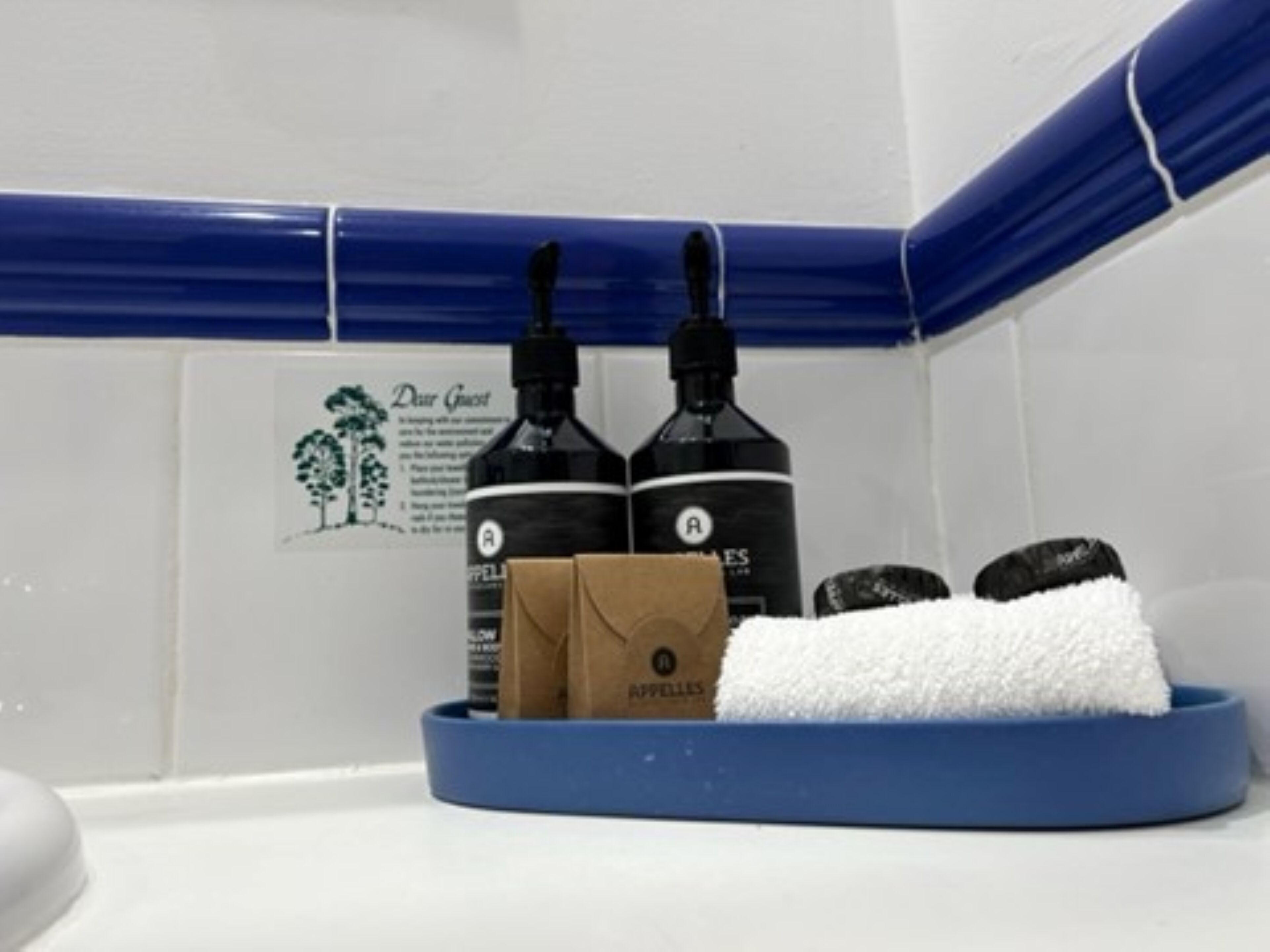 Casa de banho com barra de toalhas azul, suportando uma toalha branca e duas embalagens de sabonete.