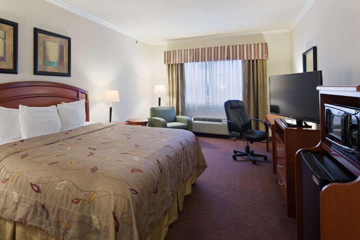 Quarto de hotel com uma cama grande, uma escrivaninha com televisão, uma cadeira e uma janela com cortinas.