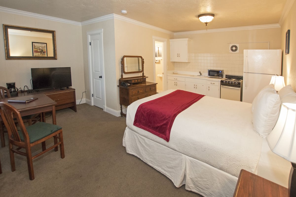Quarto de hotel com cama, escrivaninha com cadeira, televisão, cômoda, espelho, micro-ondas, fogão e luminária.