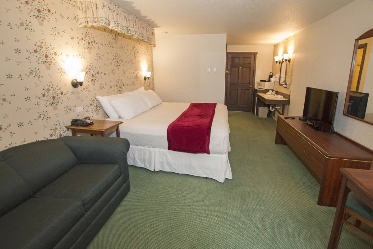 Quarto de hotel com cama, escrivaninha com televisão, sofá e banheiro com espelho e iluminação.