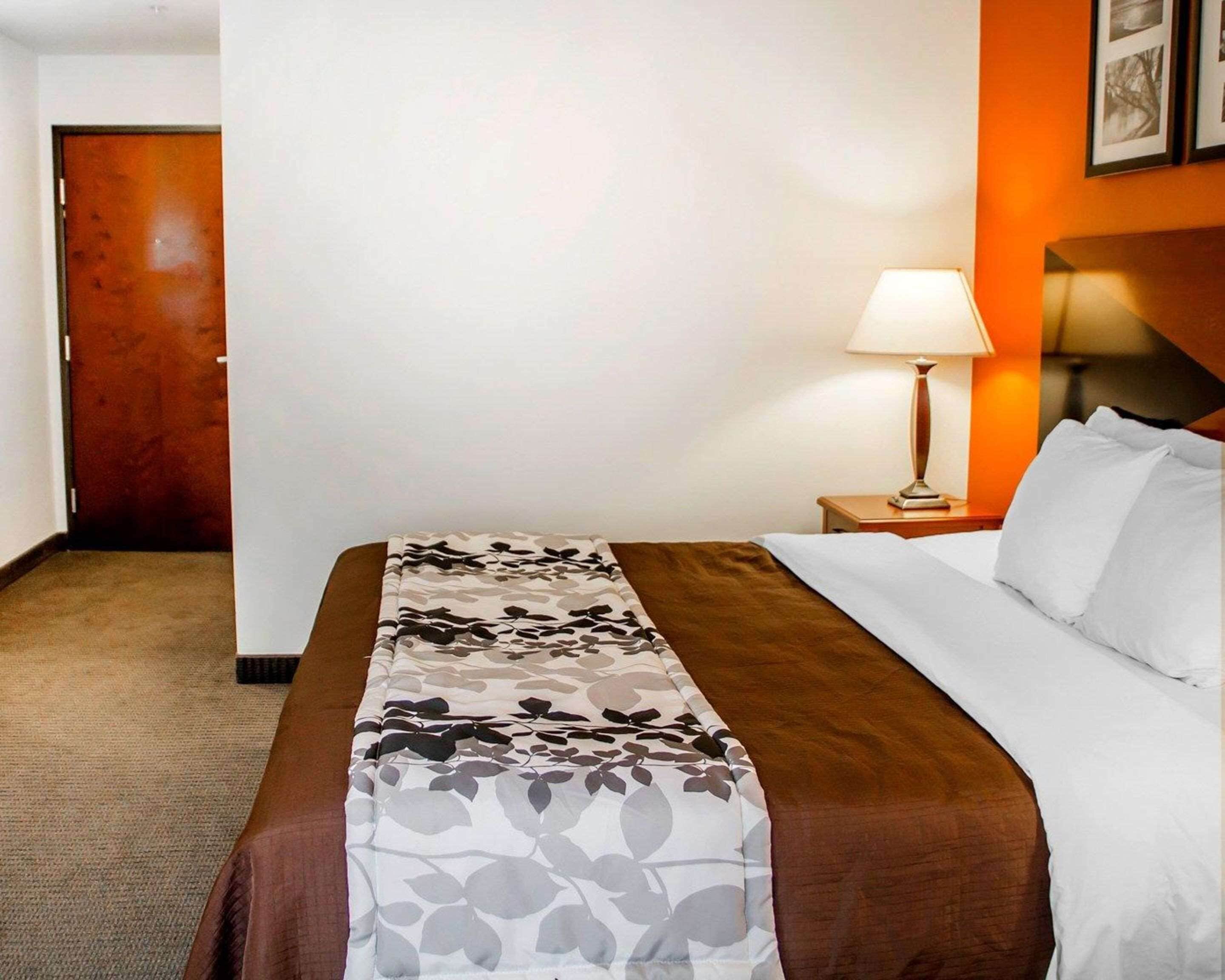 Quarto de hotel com cama, mesa de cabeceira e uma porta.