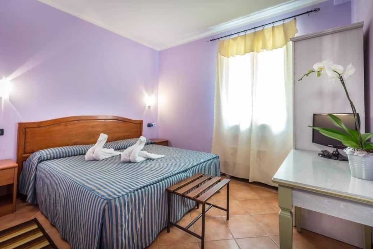 Quarto de hotel com uma cama, escrivaninha, cadeira, televisão e planta em vaso.