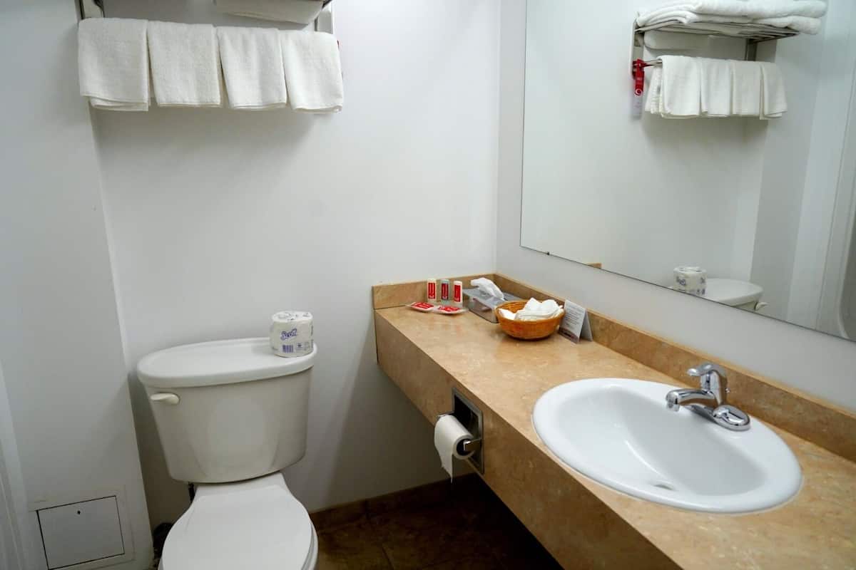 Uma casa de banho com sanita, lavatório e espelho. Há toalhas penduradas num suporte acima da sanita e um cesto com produtos de higiene pessoal no balcão do lavatório.