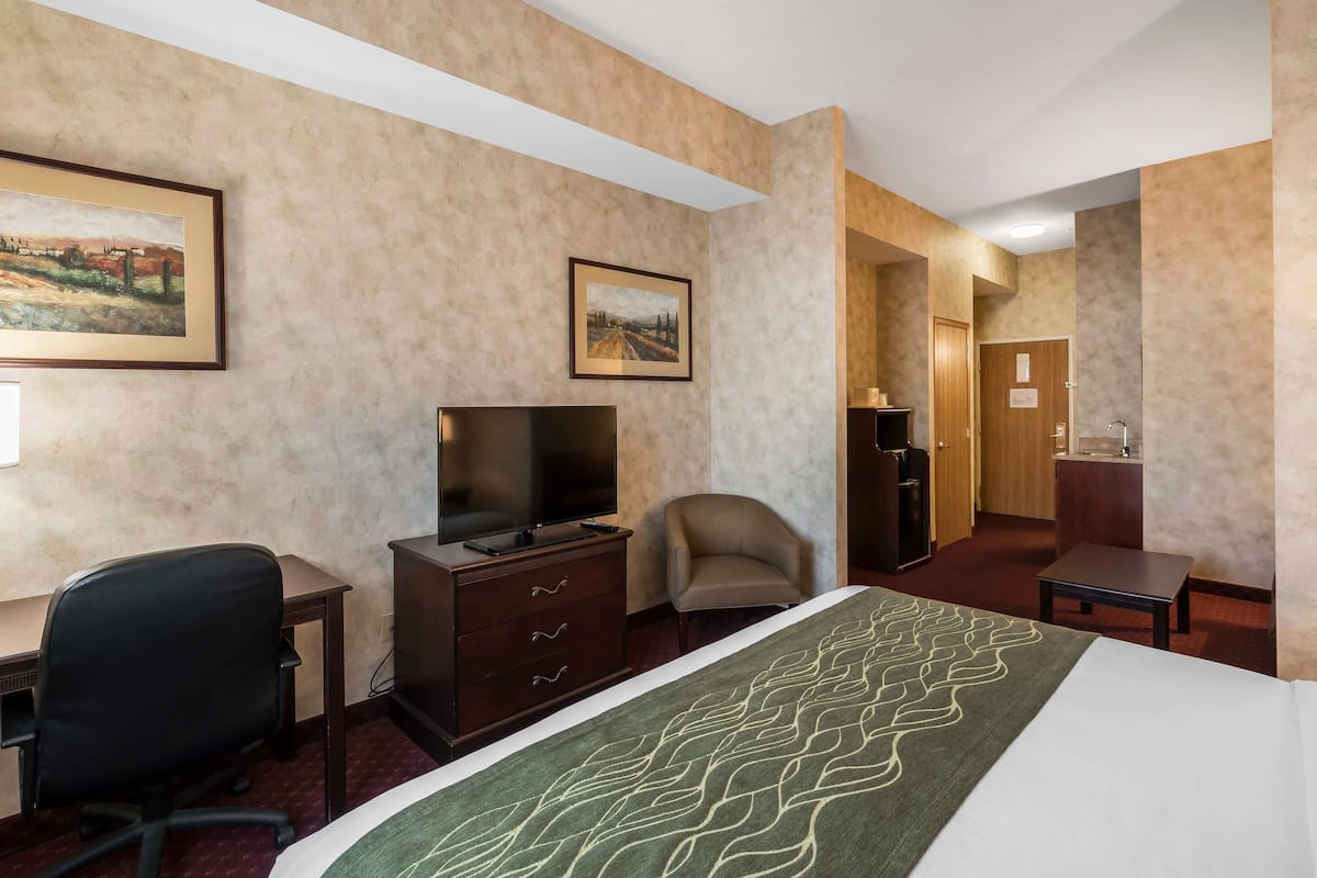 Quarto de hotel com uma cama, escrivaninha, cadeira, televisão e cômoda.