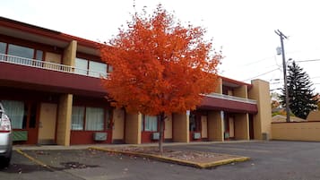 Um motel com estacionamento, uma árvore com folhas de outono e um edifício com várias portas e janelas.