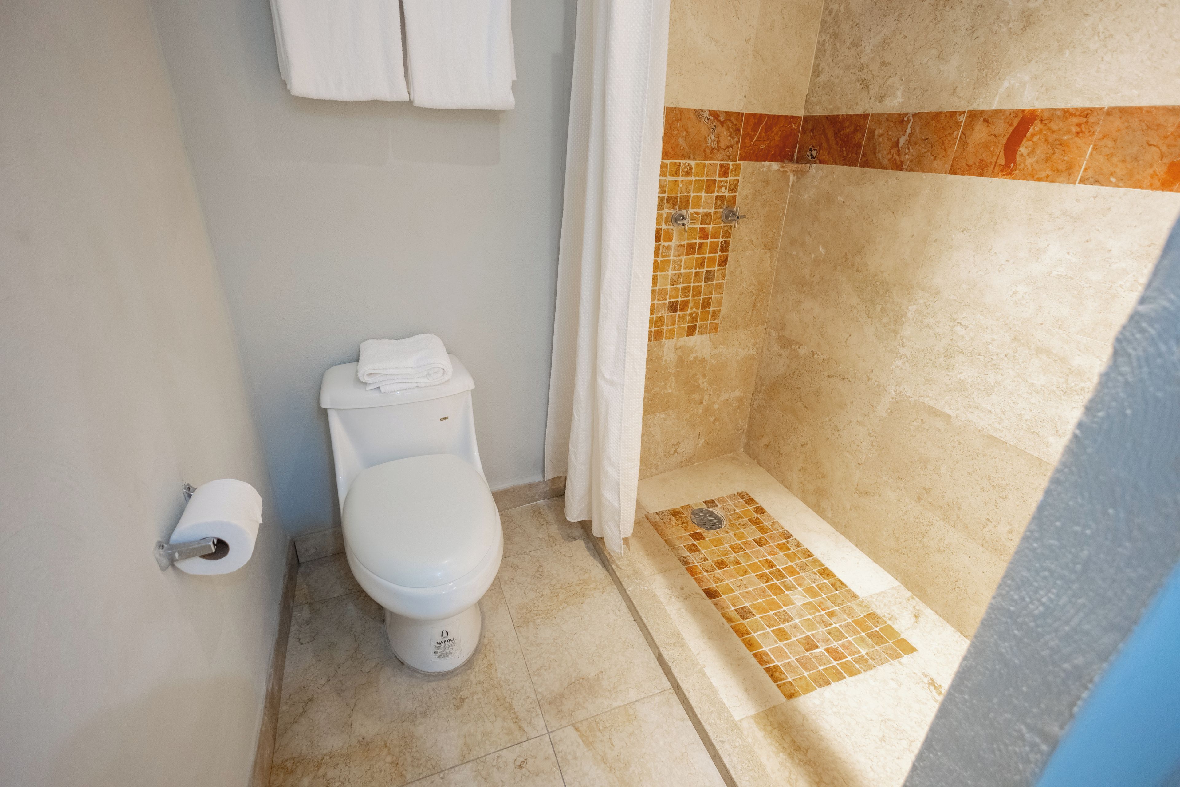 Um banheiro com vaso sanitário, chuveiro e piso revestido de azulejos.