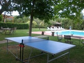 Uma mesa de tênis de mesa ao ar livre montada perto de uma piscina com espreguiçadeiras e uma árvore.
