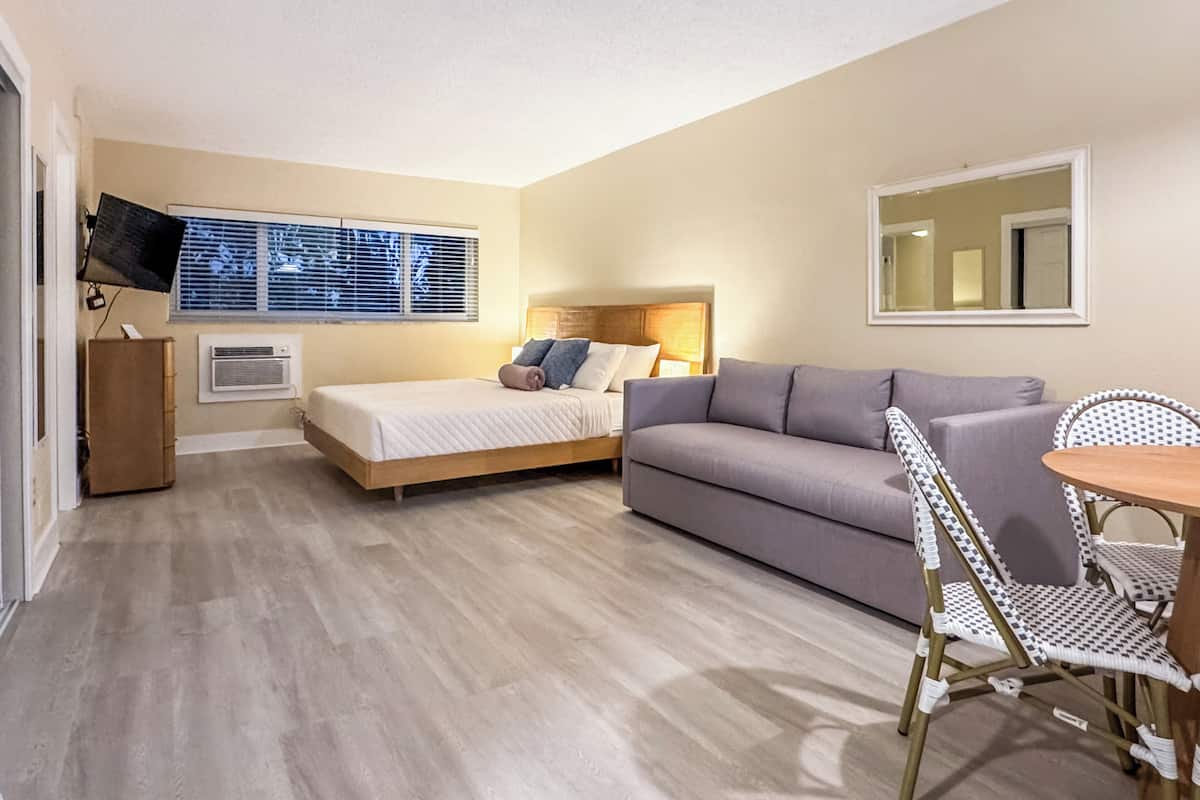 Quarto com cama, sofá, televisão e espelho.