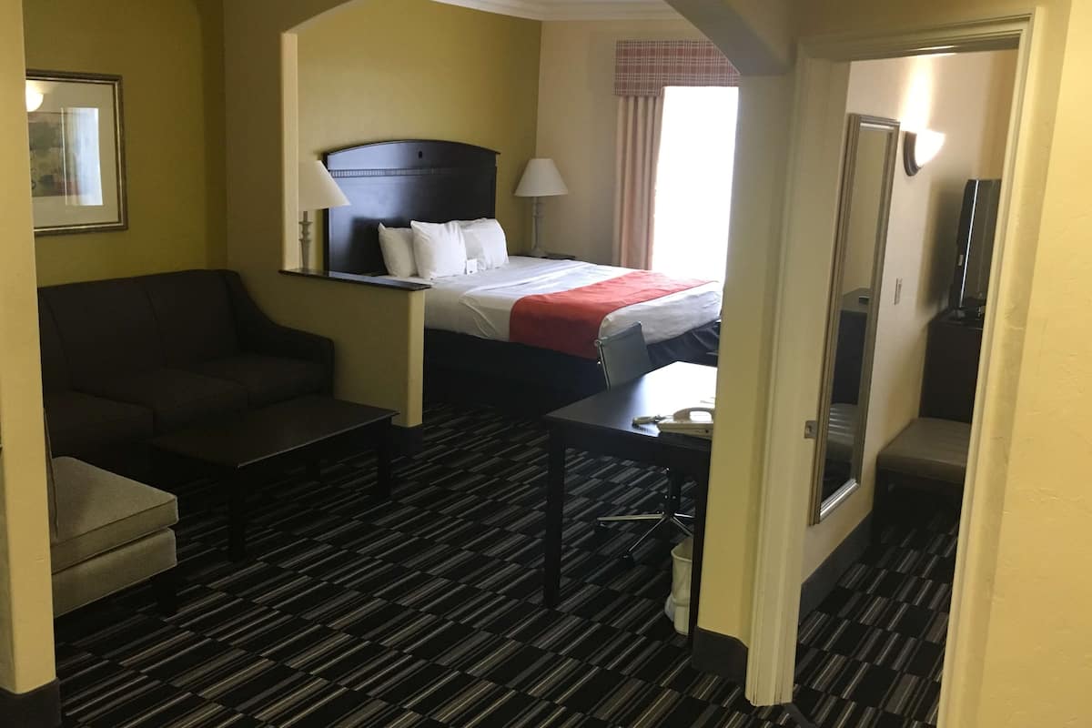 Quarto de hotel com cama, escrivaninha, cadeira, sofá e uma mesinha.