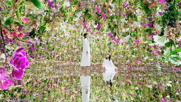 Mulher de vestido branco em um jardim exuberante e florido, com vegetação densa e superfície refletora abaixo.