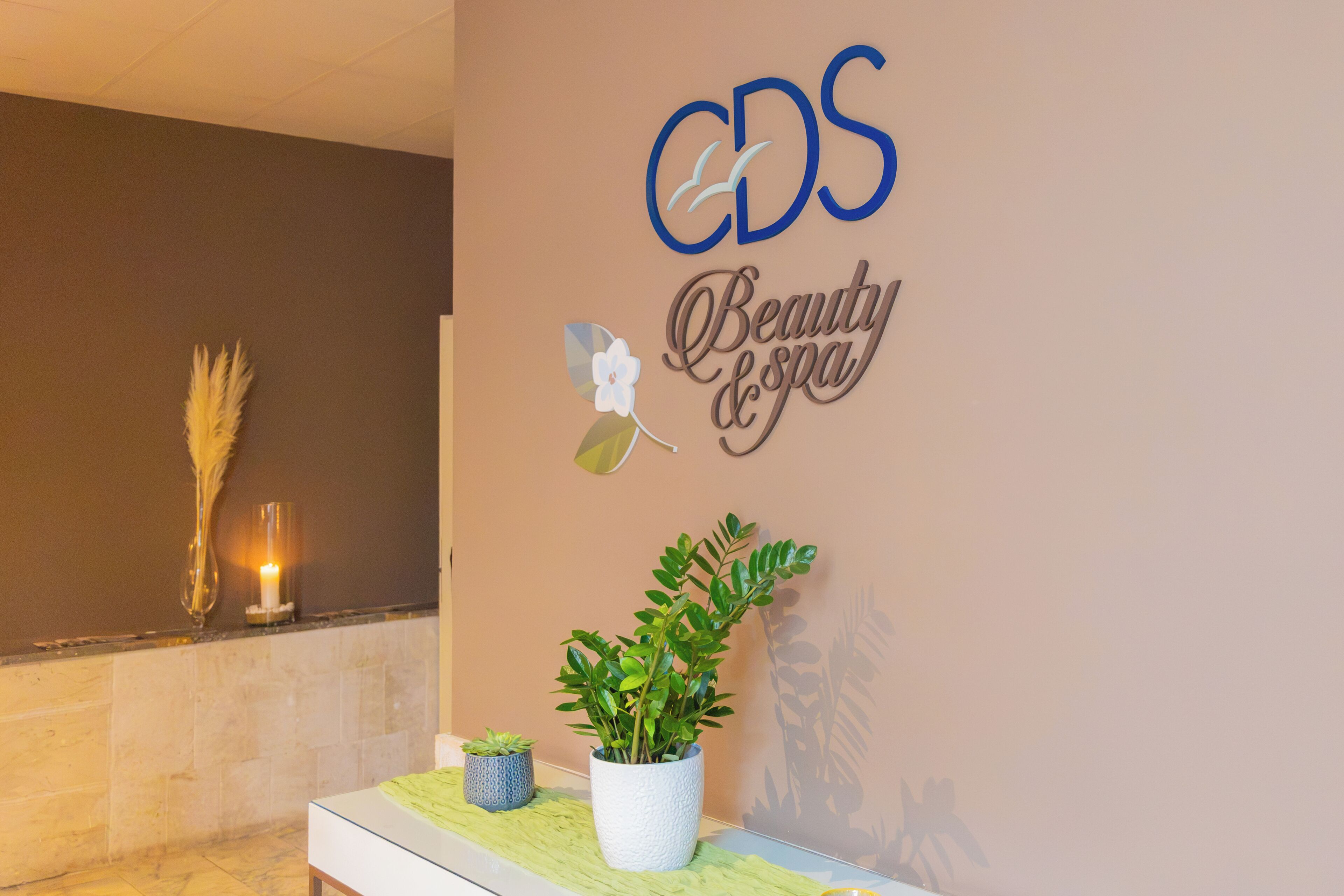 Uma parede com uma placa que diz 'CDS Beauty Spa' e uma planta em vaso sobre um balcão.