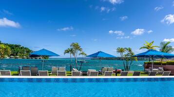 Piscina externa, guarda-sóis, espreguiçadeiras