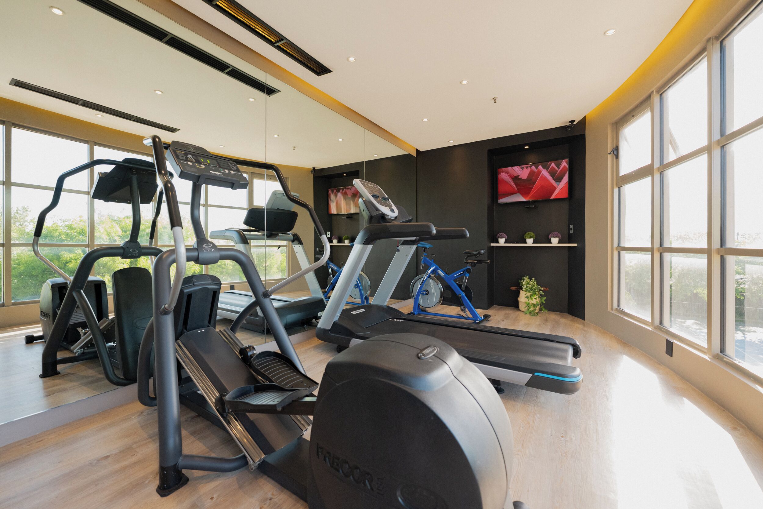 Uma academia com equipamentos de cardio, televisão e amplas janelas.