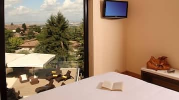 Quarto de hotel com cama, televisão e vista para a cidade.