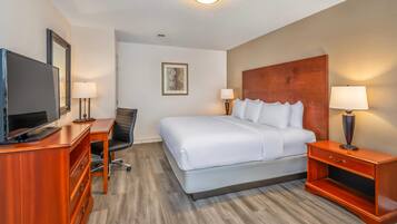 Quarto de hotel com cama, escrivaninha, cadeira, televisão e luminárias.