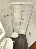 Uma casa de banho moderna com chuveiro de vidro, sanita branca e lavatório com espelho.