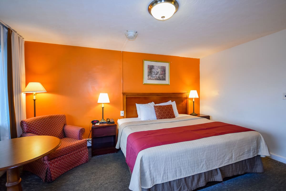 Quarto de hotel com cama, duas luminárias de cabeceira, uma cadeira, uma mesa e um quadro na parede.