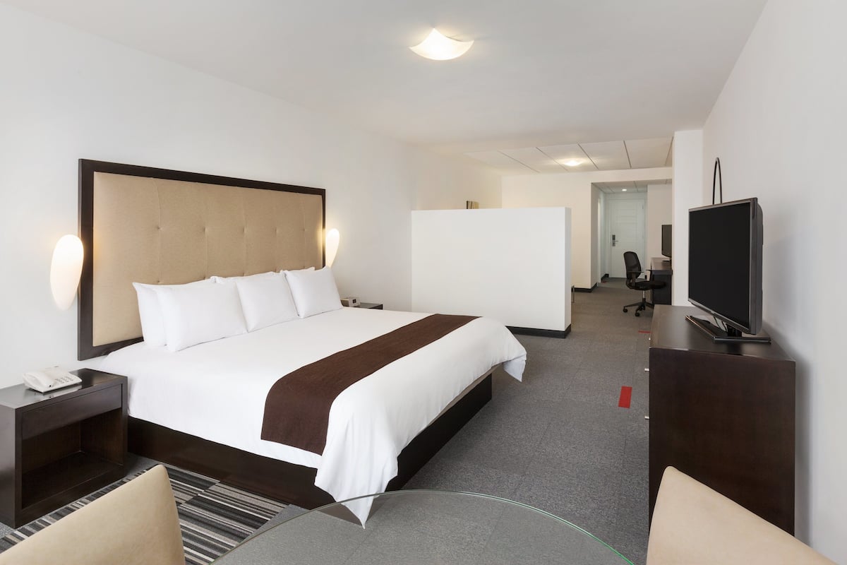 Quarto de hotel com uma cama grande, televisão, escrivaninha e uma cadeira.