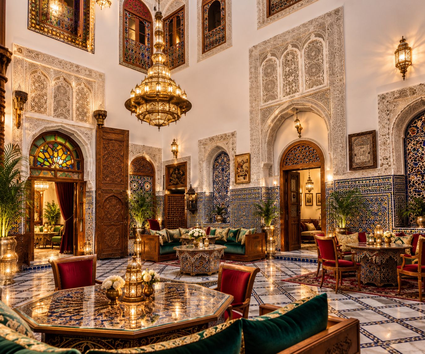 Um interior luxuoso com trabalhos em azulejos ornamentados, um imponente candelabro e áreas de estar acolhedoras.