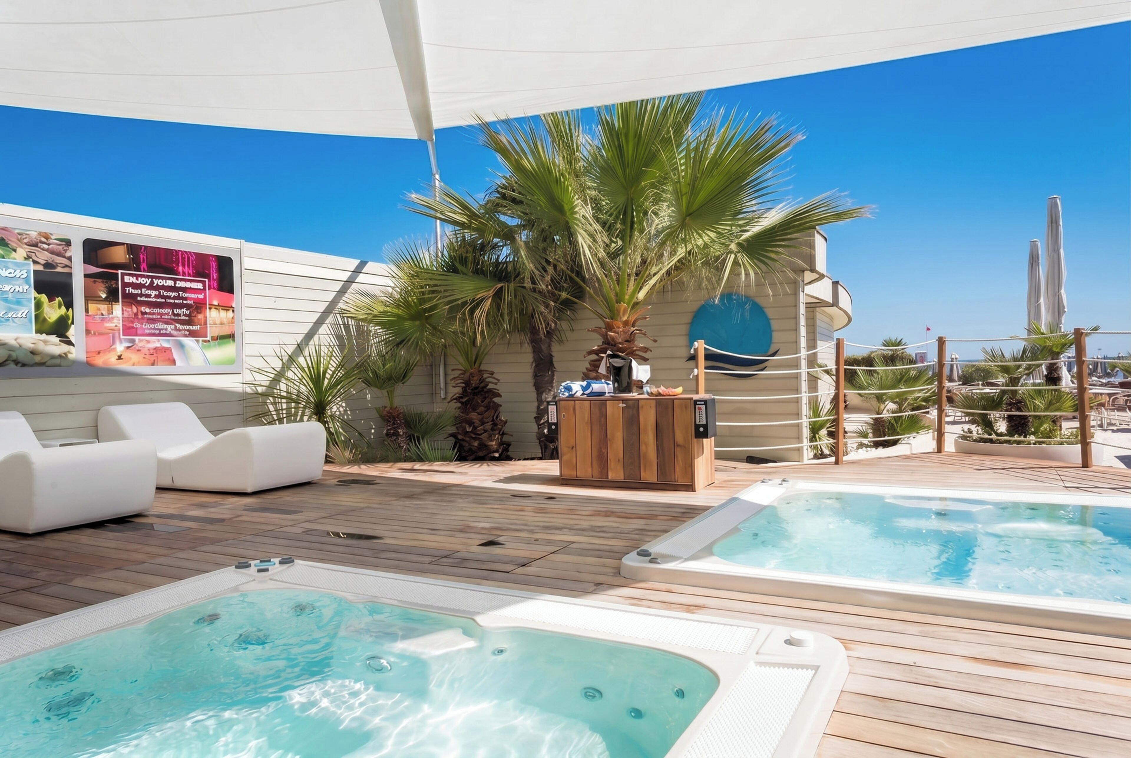 Uma área de piscina com banheiras de hidromassagem, espreguiçadeiras e um deck de madeira.